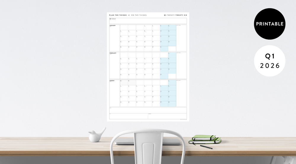 PRINTABLE DATED QUARTERLY CALENDARS // INSTANT DOWNLOAD - Plan The Things