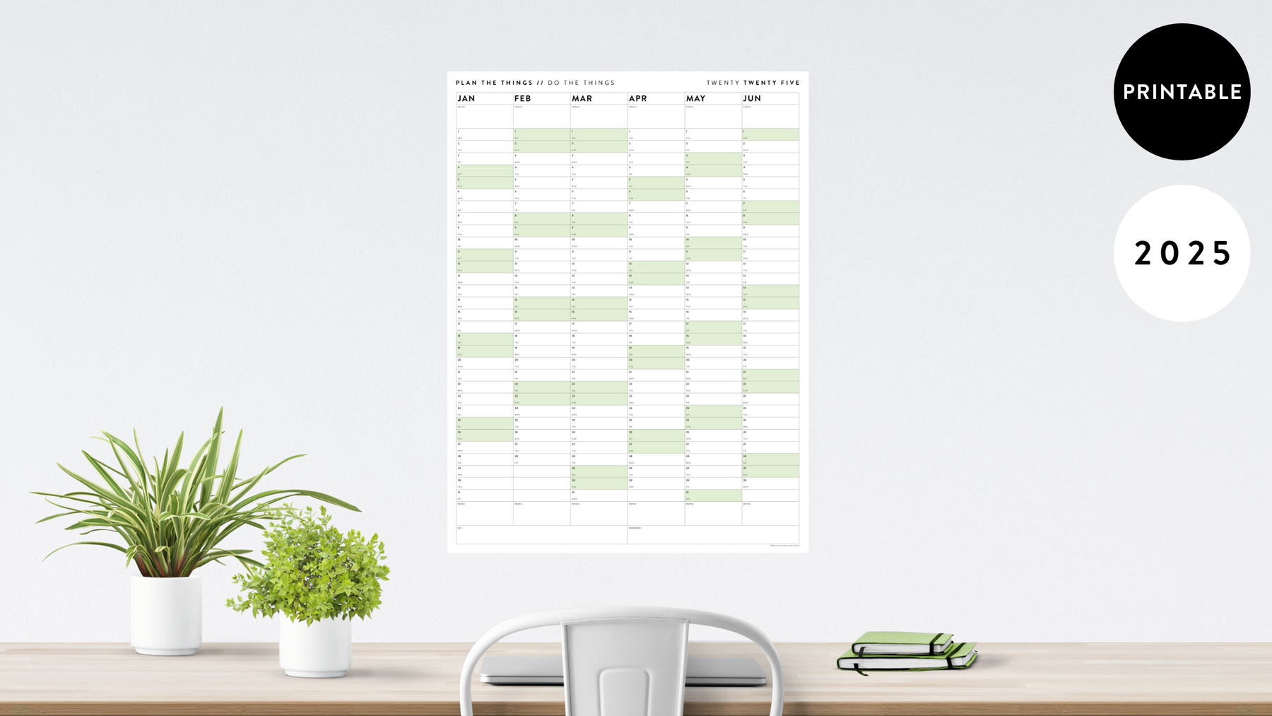 PRINTABLE SIX MONTH WALL CALENDARS // INSTANT DOWNLOAD - Plan The Things