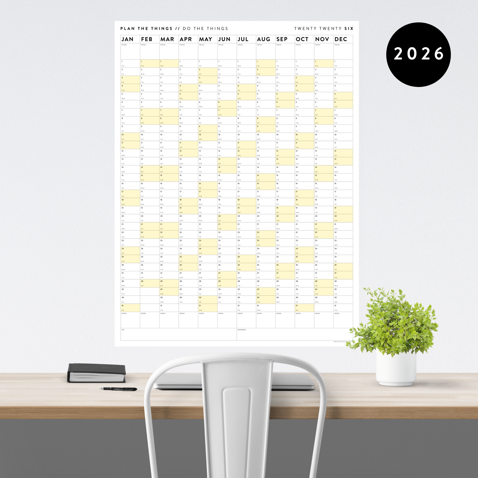 PRINTABLE VERTICAL 2026 WALL CALENDAR WITH YELLOW WEEKENDS - INSTANT D ...