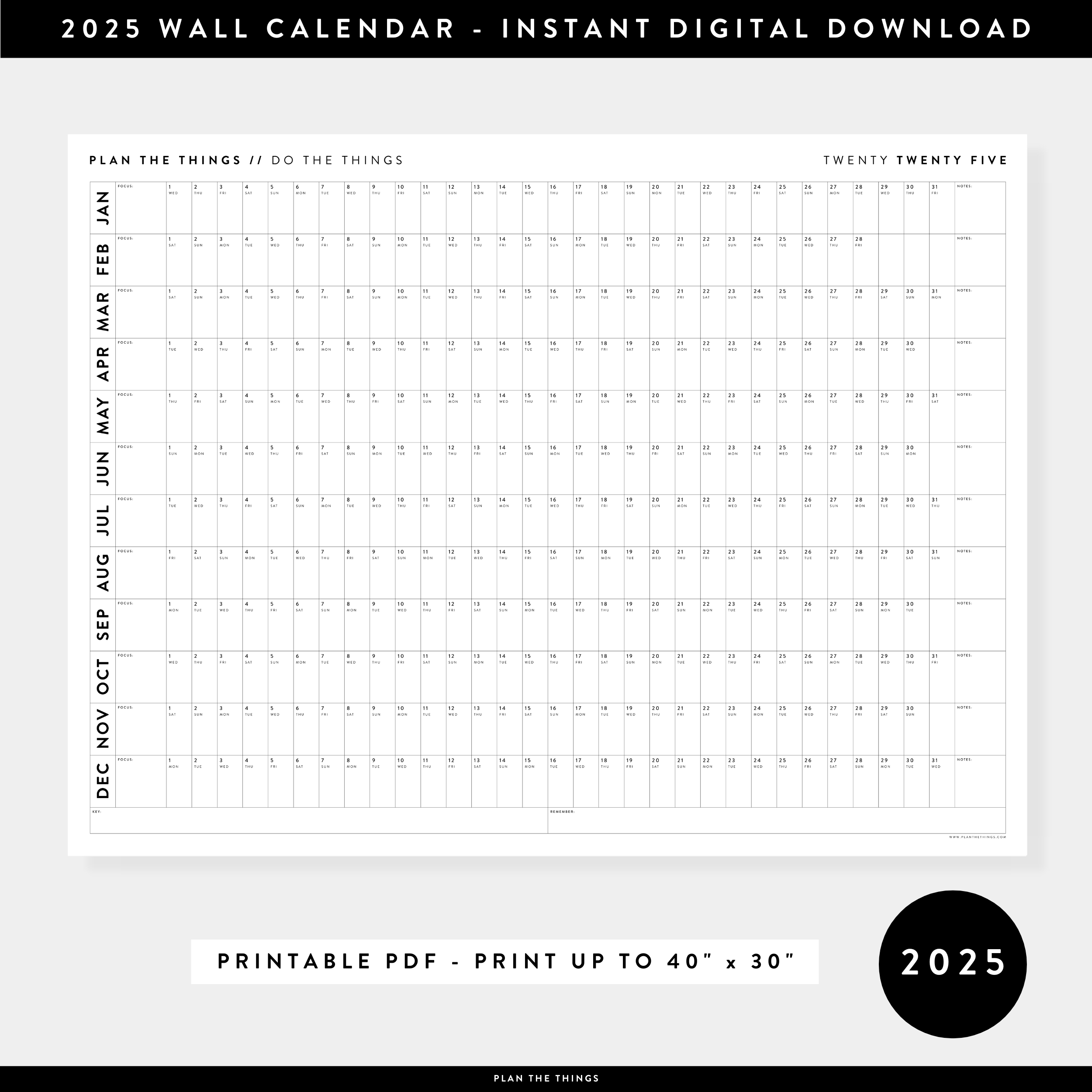PRINTABLE 2025 HORIZONTAL WALL CALENDAR MINIMAL - INSTANT DOWNLOAD ...