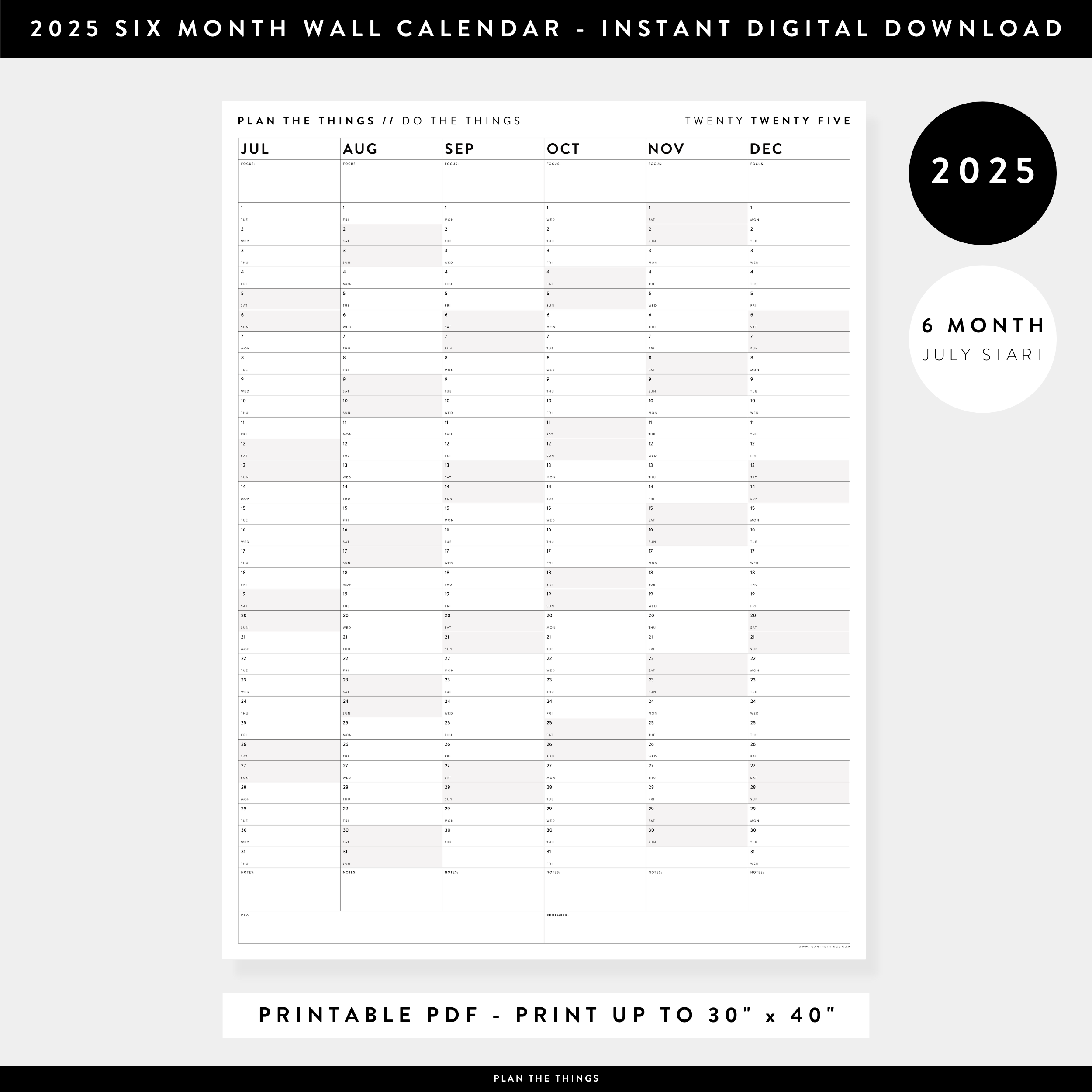 PRINTABLE SIX MONTH 2025 WALL CALENDAR (JULY TO DECEMBER) WITH GRAY WE ...