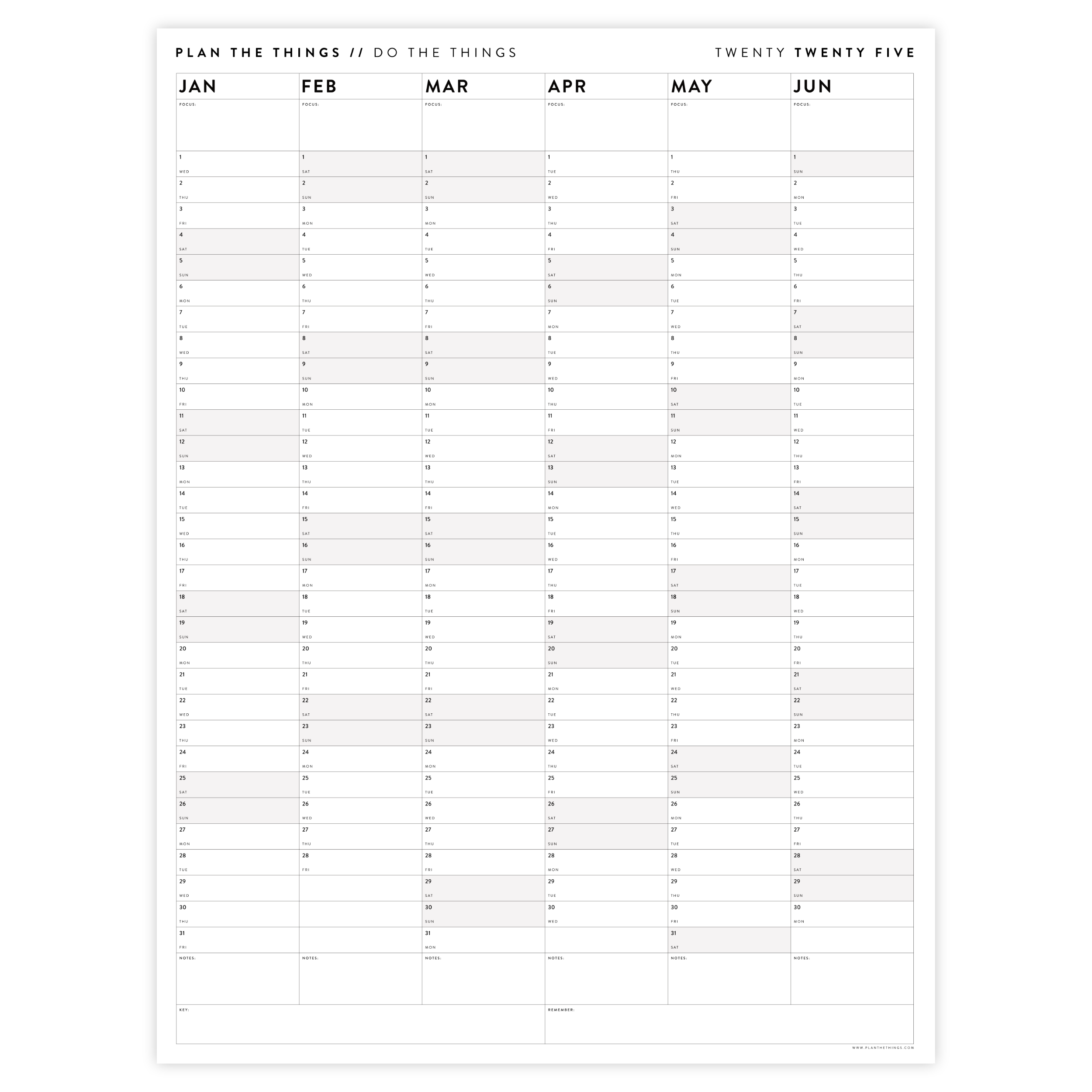 PRINTABLE SIX MONTH 2025 WALL CALENDAR SET WITH GRAY WEEKENDS - INSTAN ...