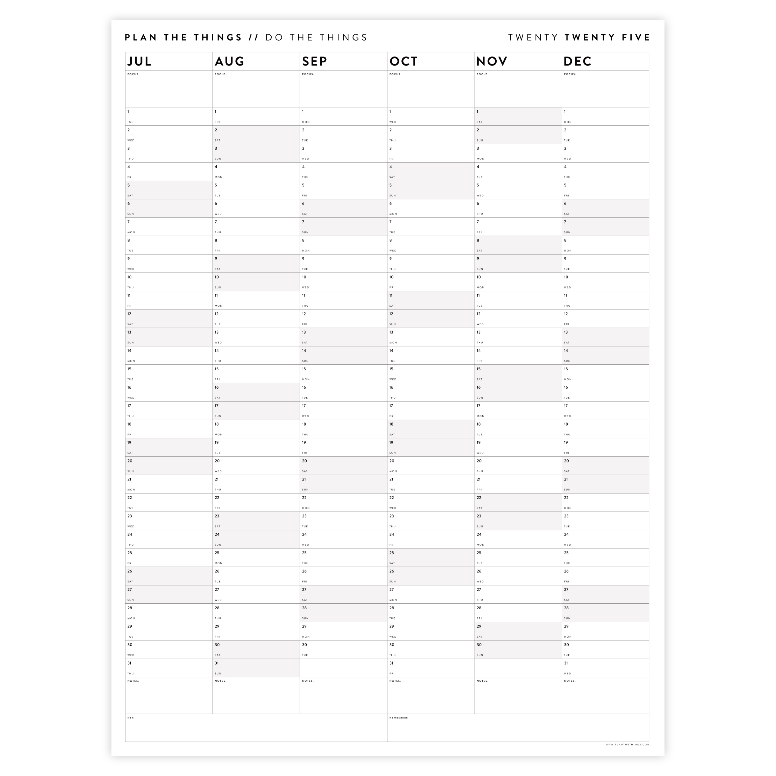 PRINTABLE SIX MONTH 2025 WALL CALENDAR SET WITH GRAY WEEKENDS - INSTAN ...