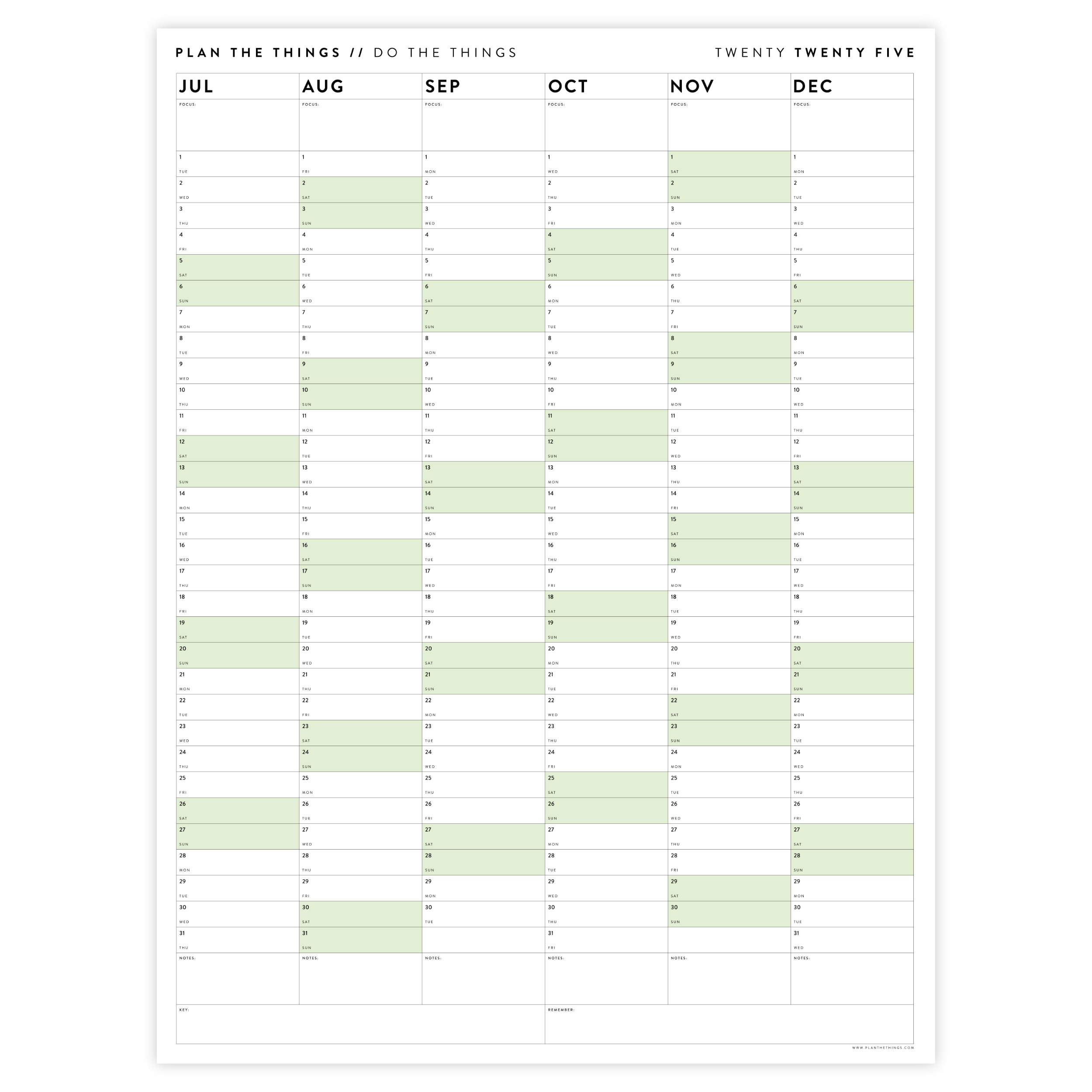 2025 SIX MONTH CALENDARS | JULY - DECEMBER - Plan The Things