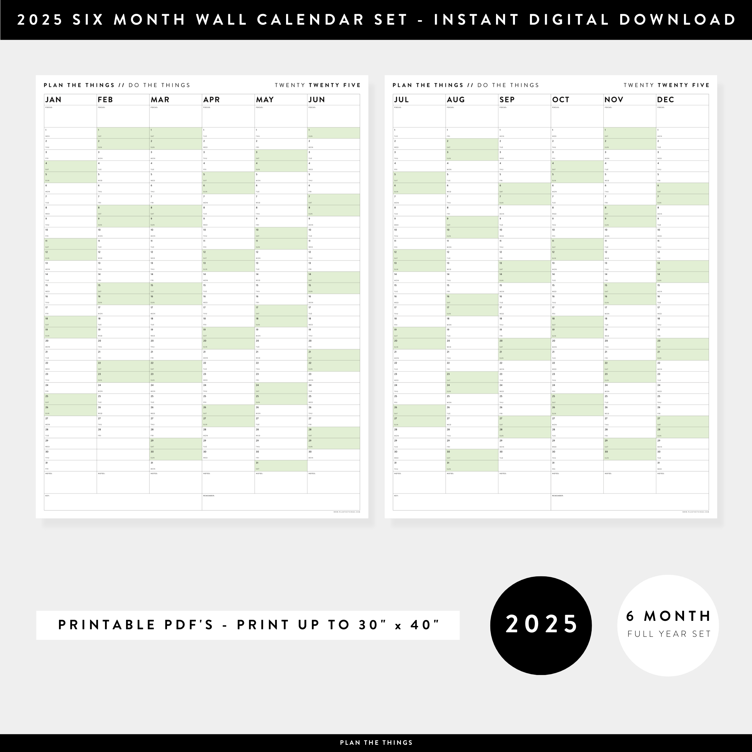 PRINTABLE SIX MONTH 2025 WALL CALENDAR SET WITH GREEN WEEKENDS - INSTA ...