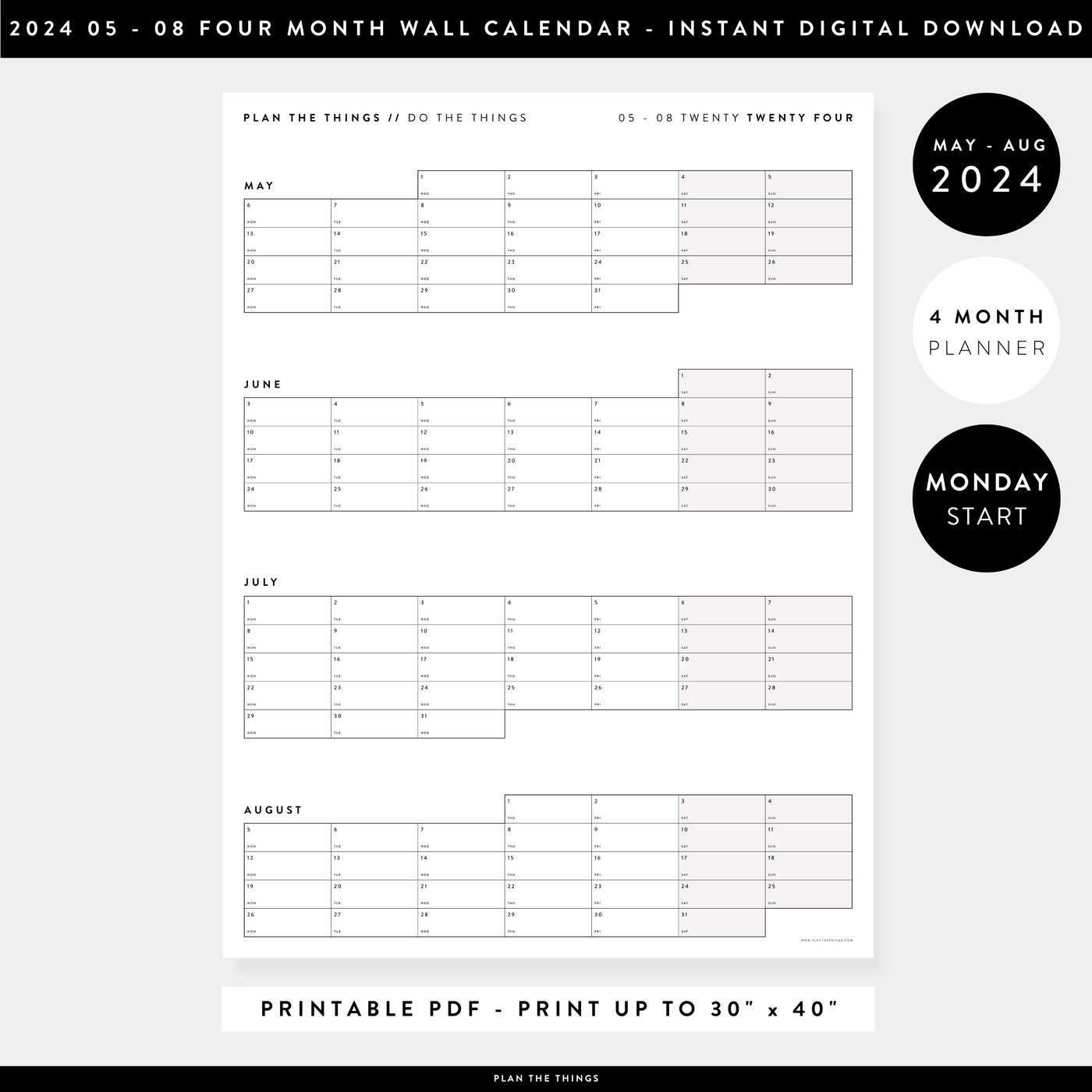 PRINTABLE 2024 FOUR MONTH WALL CALENDARS // INSTANT DOWNLOAD - Plan The ...