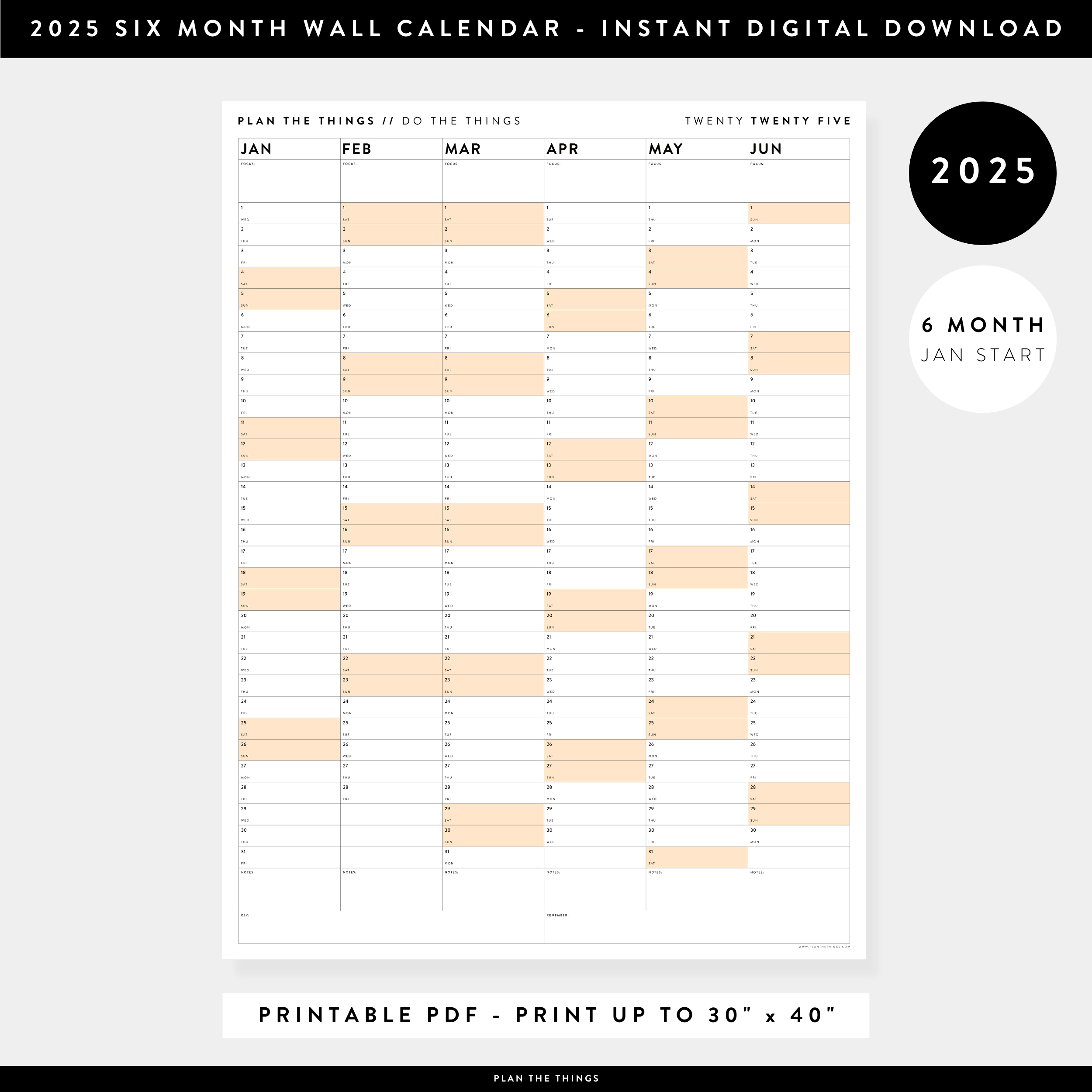 PRINTABLE SIX MONTH 2025 WALL CALENDAR (JANUARY TO JUNE) WITH ORANGE W ...