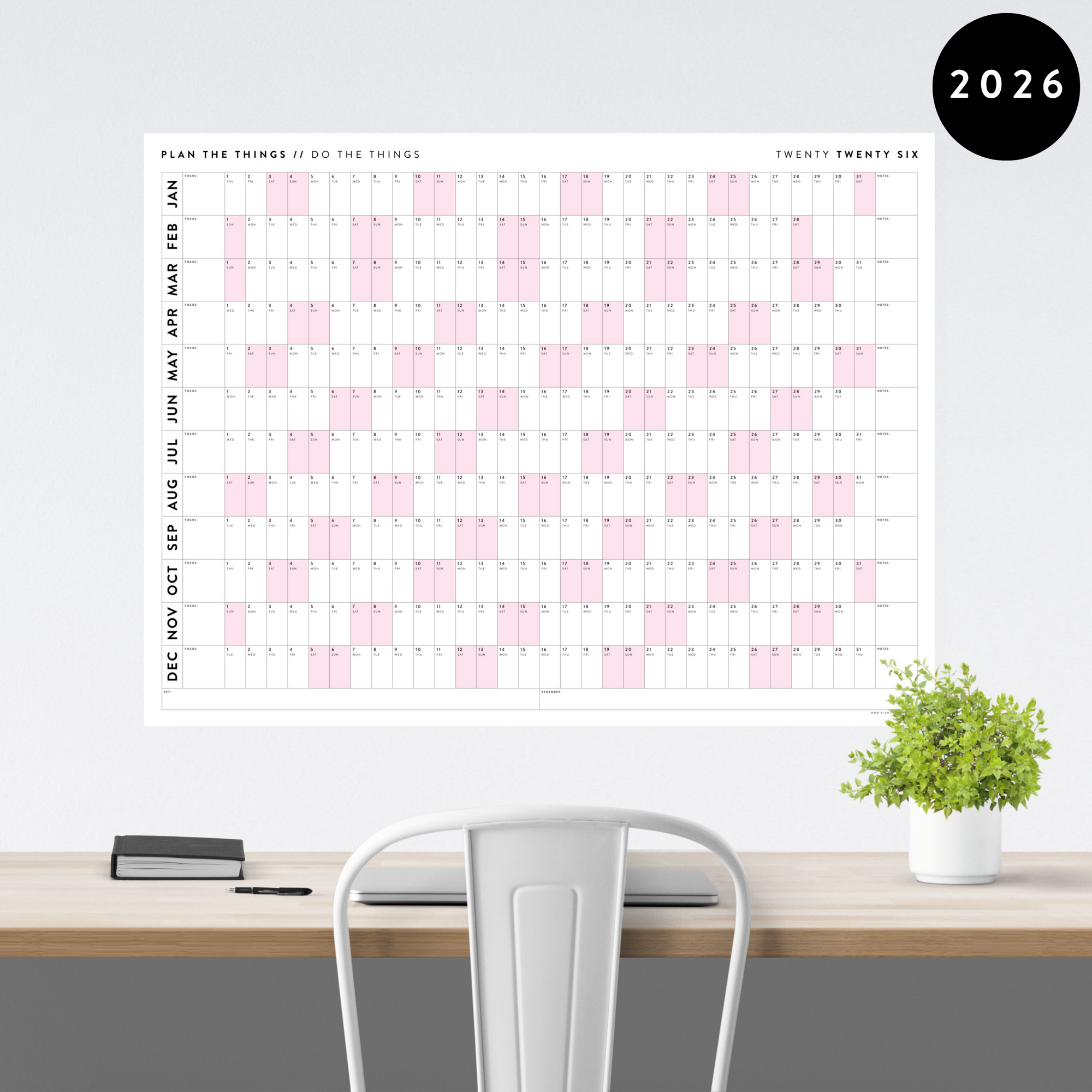 PRINTABLE 2026 HORIZONTAL WALL CALENDAR WITH PINK WEEKENDS - INSTANT D ...