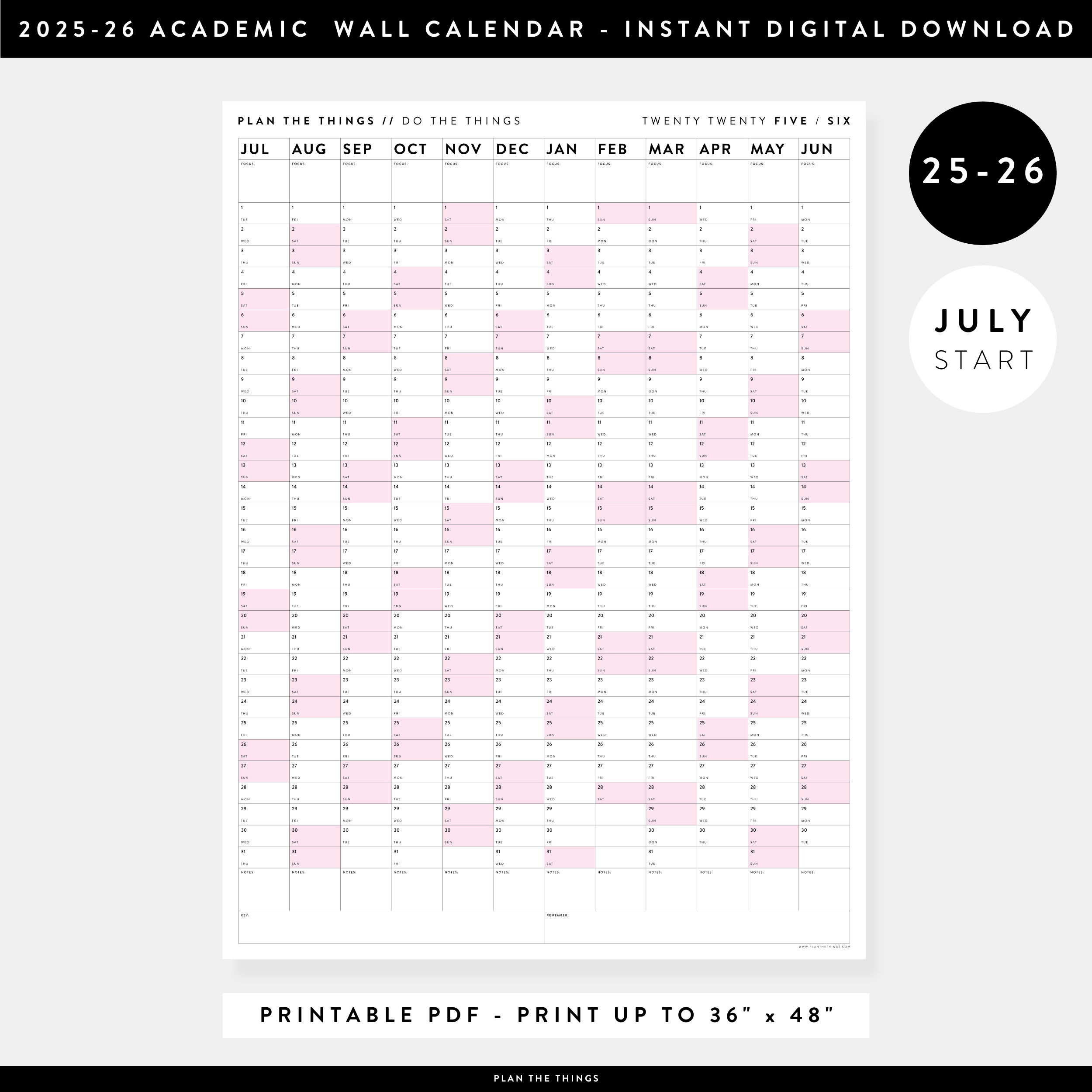 PRINTABLE 2025 - 2026 ACADEMIC WALL CALENDAR (JULY START) | VERTICAL W ...