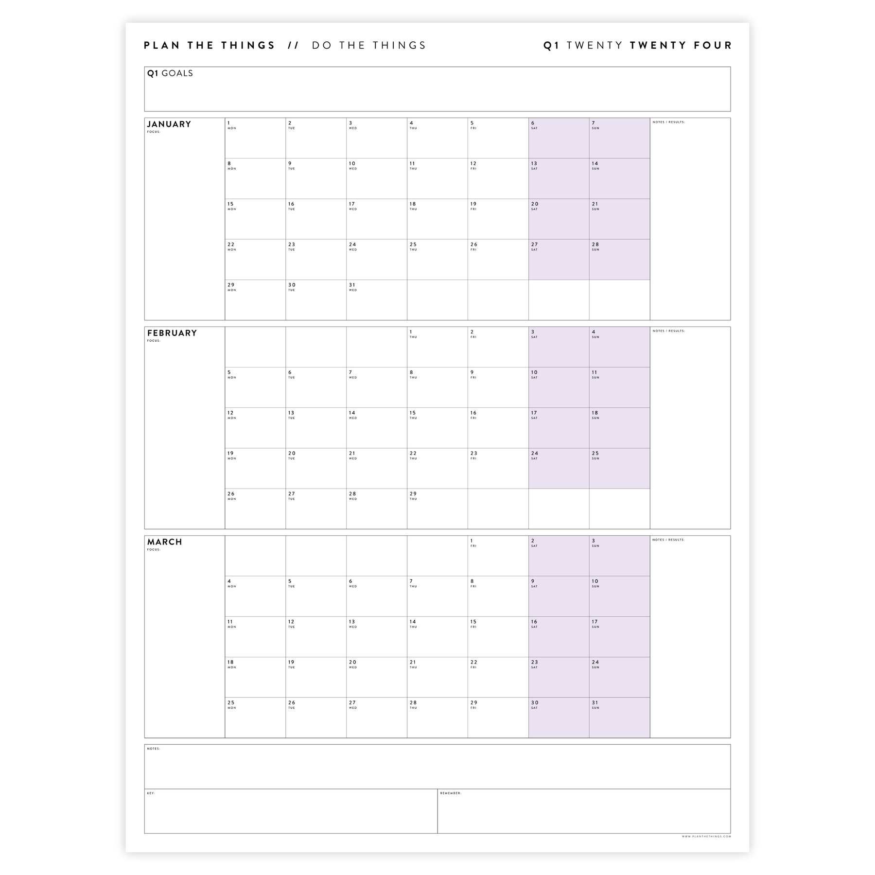 PRINTABLE 2024 Q1 (JANUARY - MARCH) QUARTERLY CALENDARS // INSTANT DOW ...