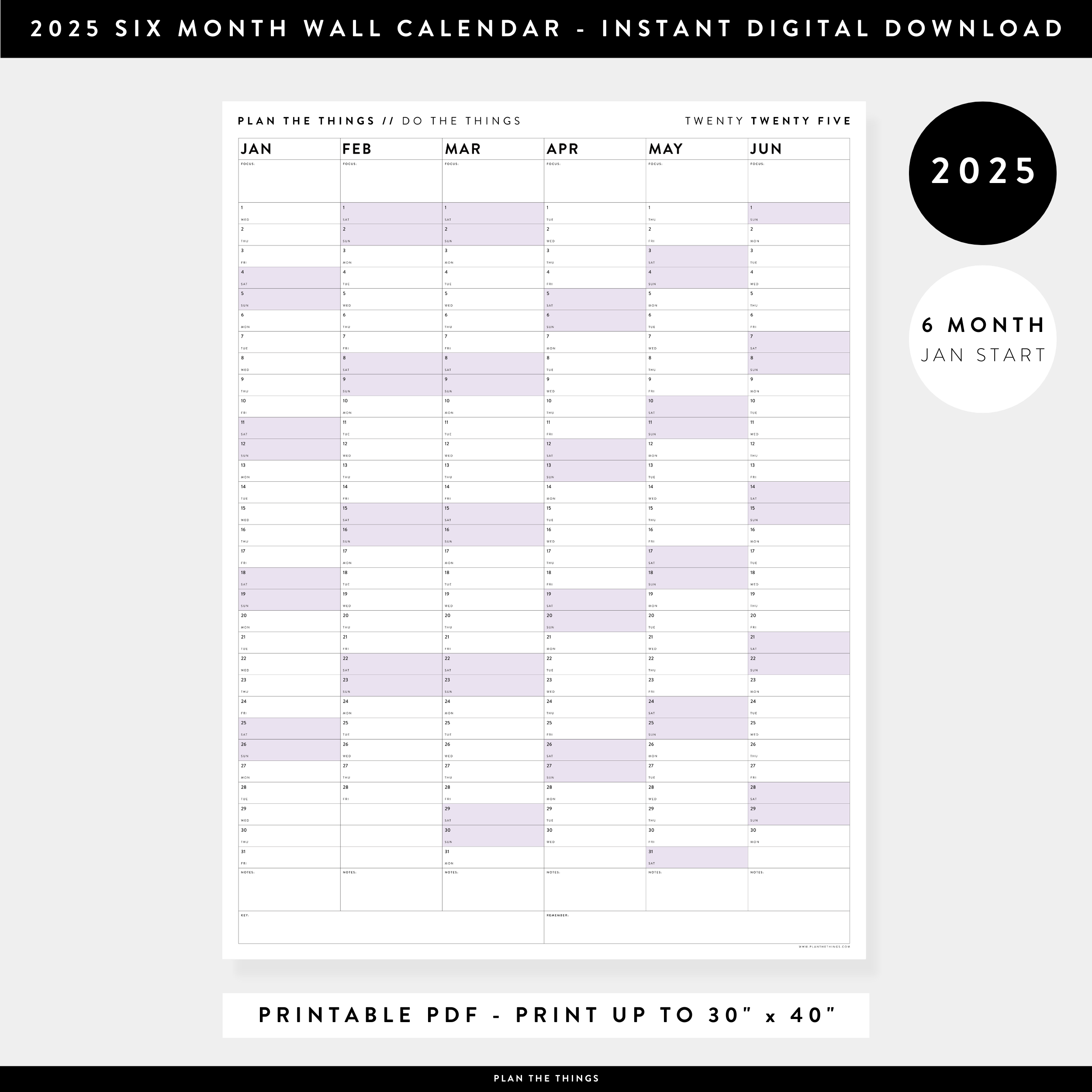 PRINTABLE SIX MONTH 2025 WALL CALENDAR (JANUARY TO JUNE) WITH PURPLE W ...