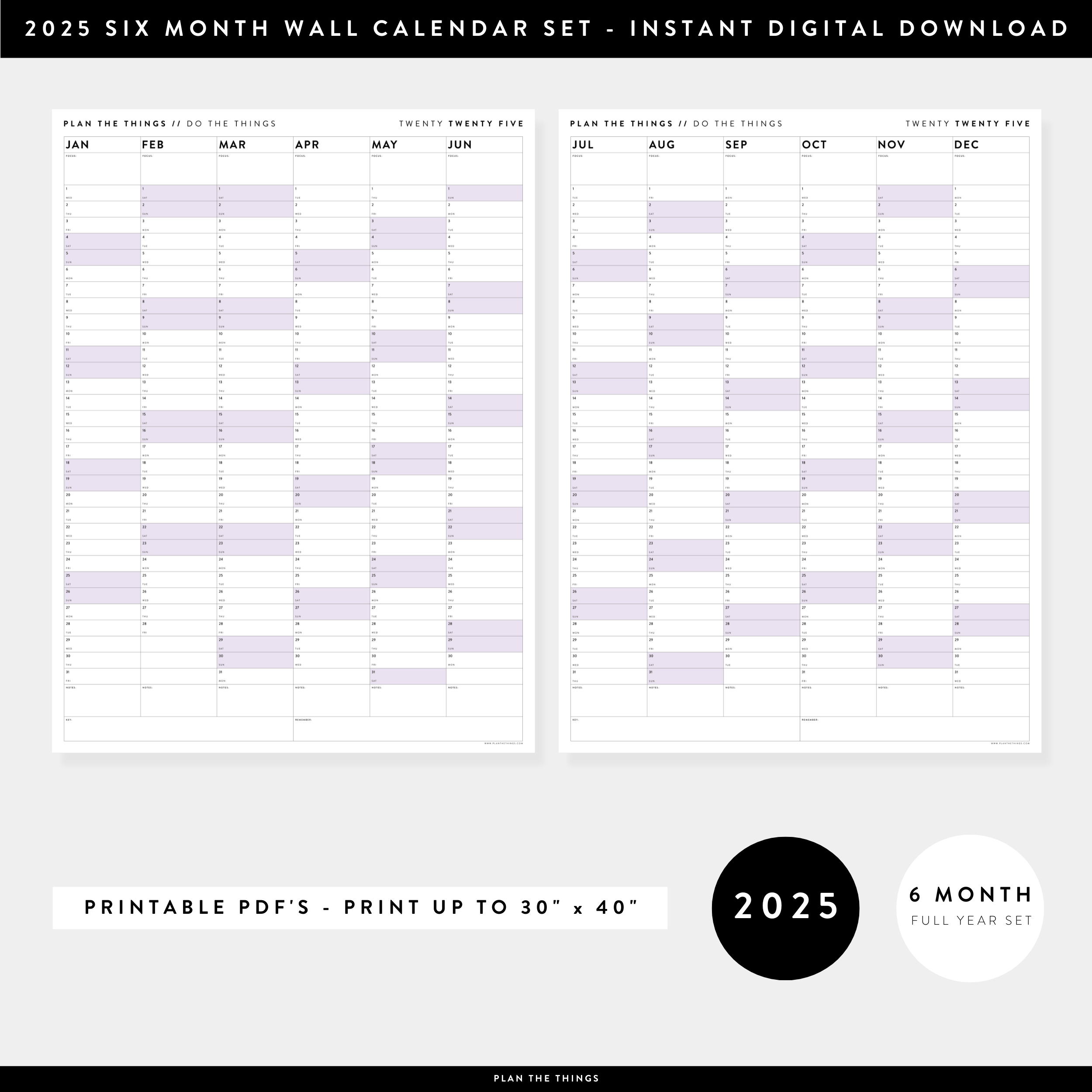PRINTABLE SIX MONTH 2025 WALL CALENDAR SET WITH PURPLE WEEKENDS - INST ...