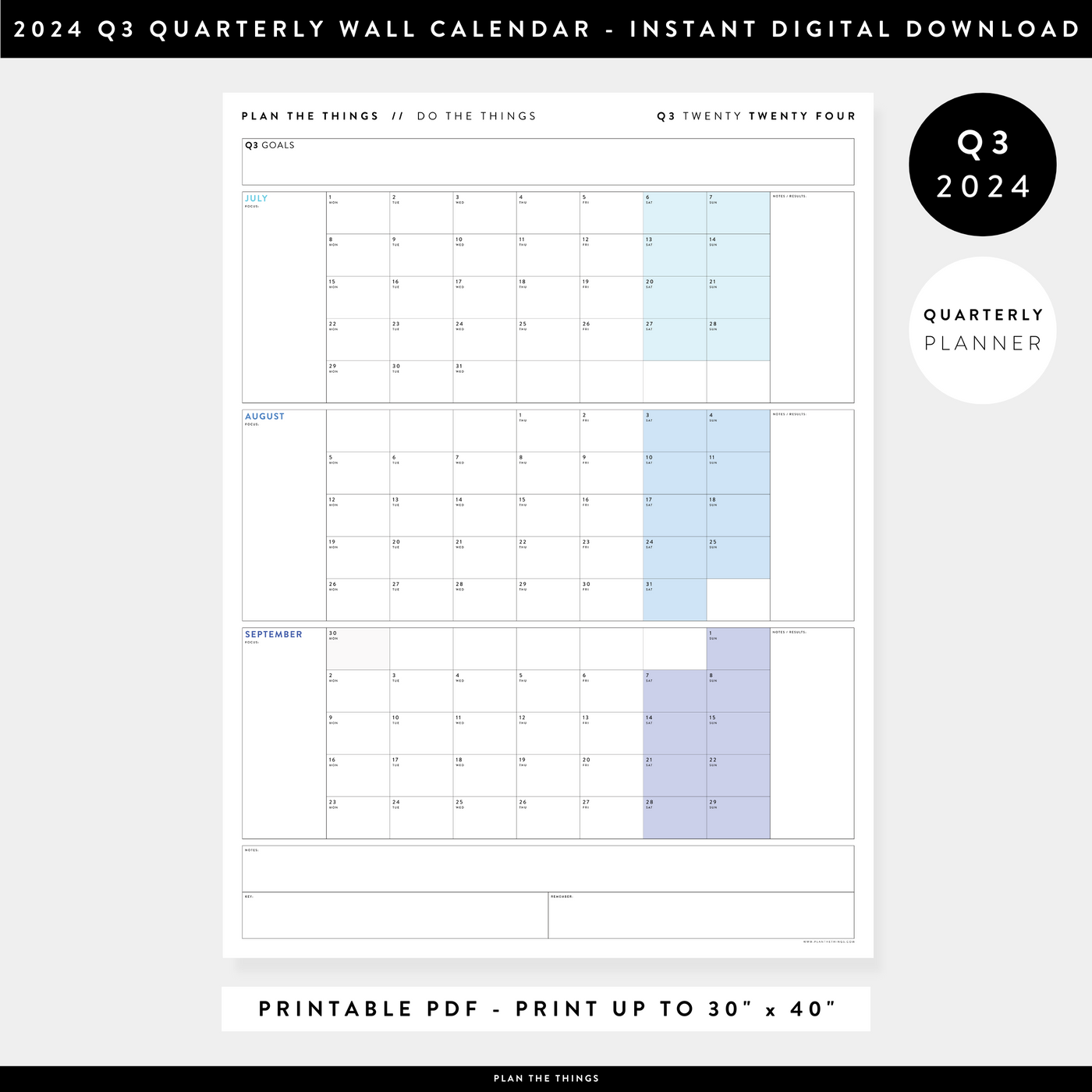 PRINTABLE 2024 Q3 (JULY - SEPTEMBER) QUARTERLY CALENDARS // INSTANT DO ...