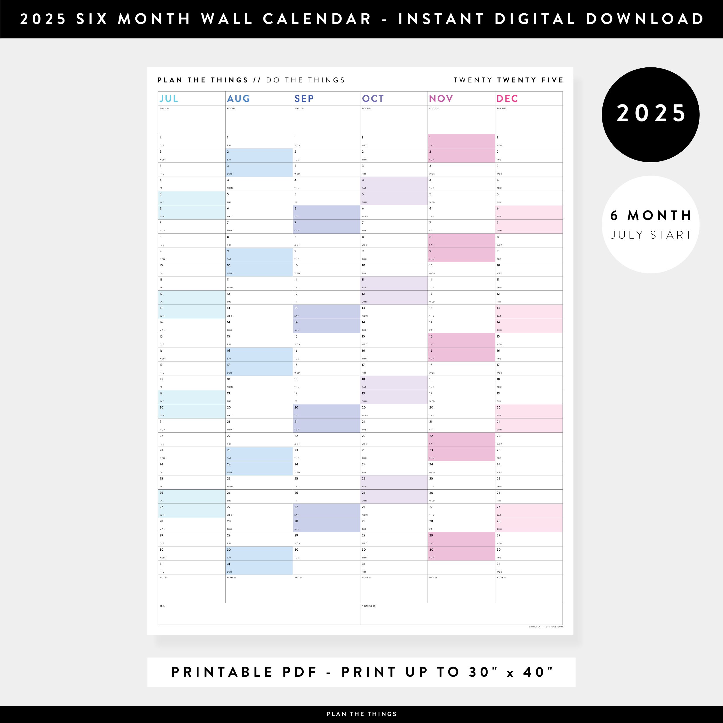 PRINTABLE 2025 SIX MONTH CALENDARS | JULY - DECEMBER // INSTANT DOWNLO ...