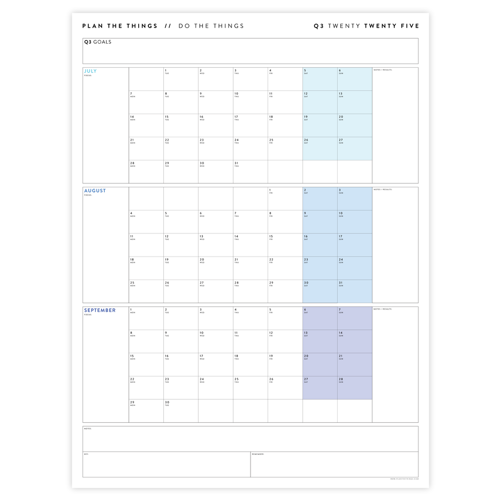 2025 QUARTERLY WALL CALENDARS // Q3 (JULY - SEPTEMBER) - Plan The Things