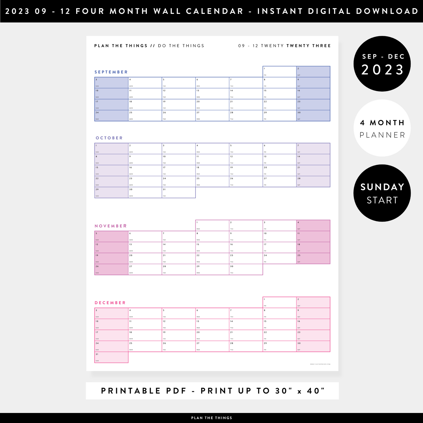 PRINTABLE 2023 FOUR MONTH WALL CALENDARS // INSTANT DOWNLOAD - Plan The ...