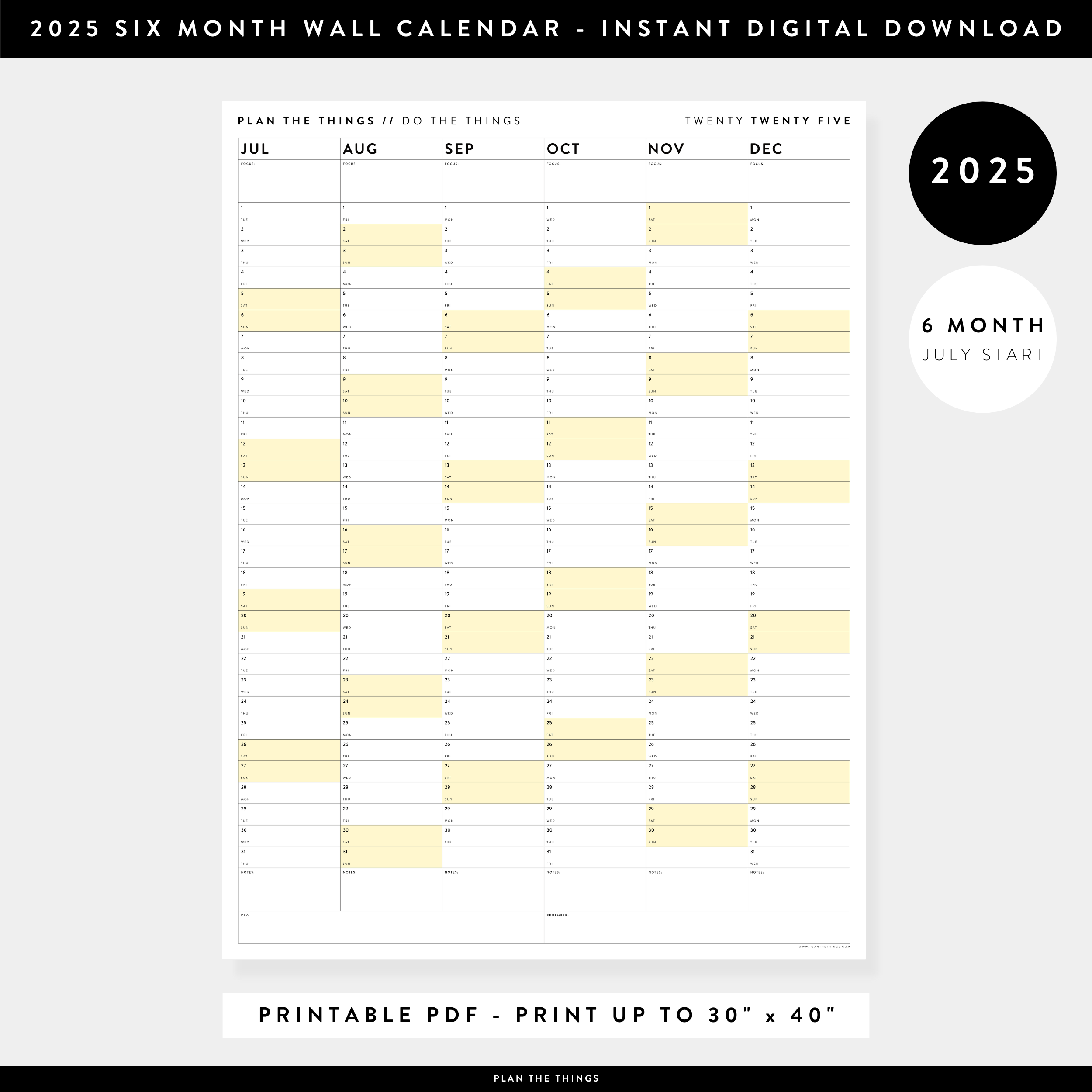 PRINTABLE SIX MONTH 2025 WALL CALENDAR (JULY TO DECEMBER) WITH YELLOW ...