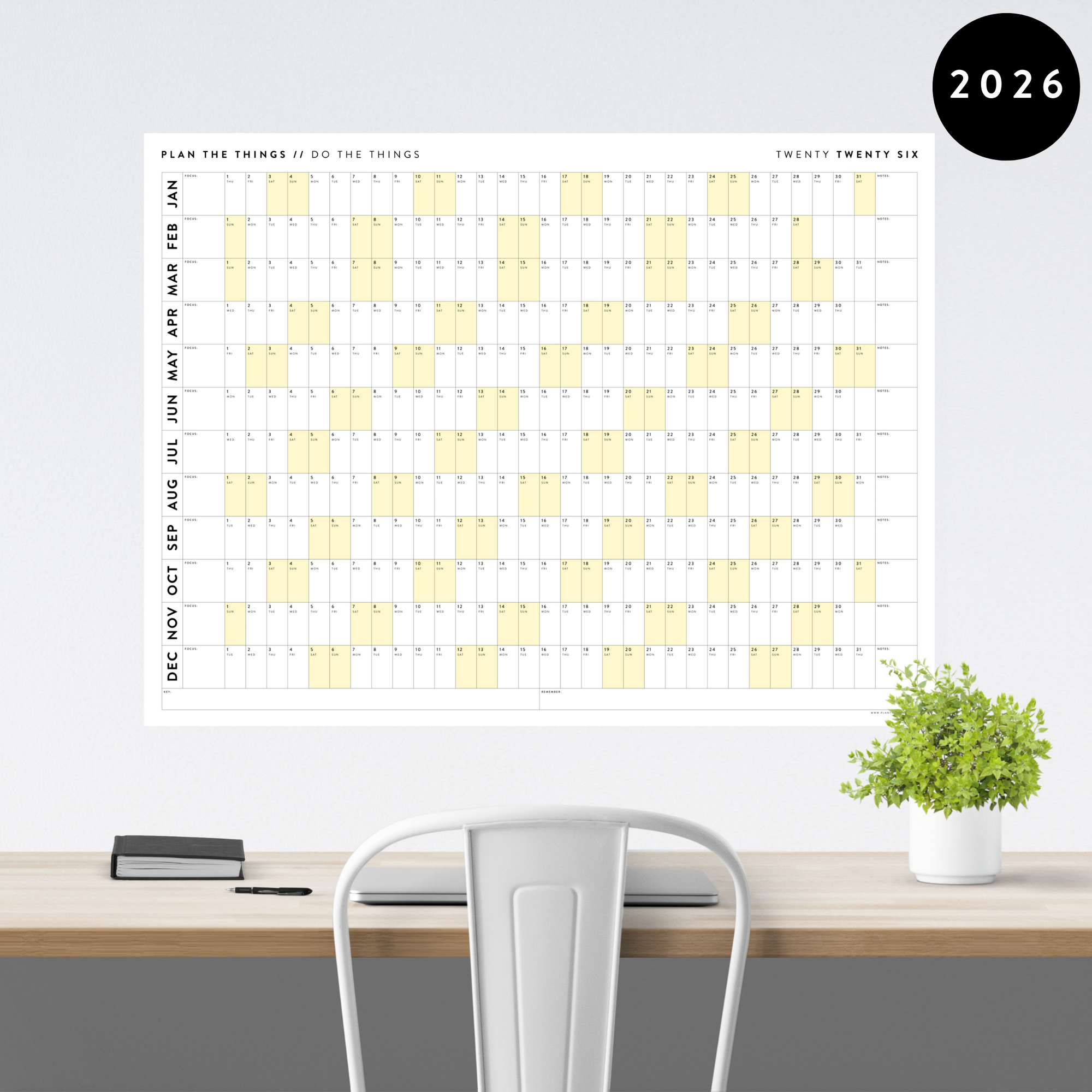 PRINTABLE 2026 HORIZONTAL WALL CALENDAR WITH YELLOW WEEKENDS - INSTANT ...