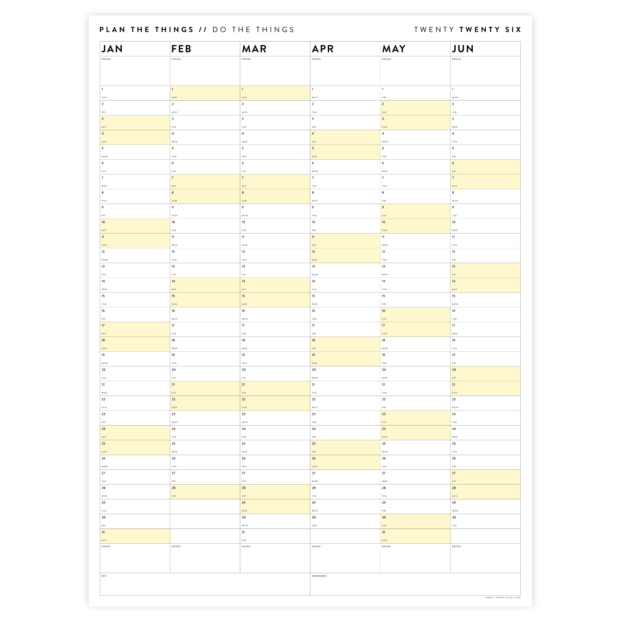 SIX MONTH 2026 GIANT WALL CALENDAR (JANUARY TO JUNE) WITH YELLOW WEEKE ...