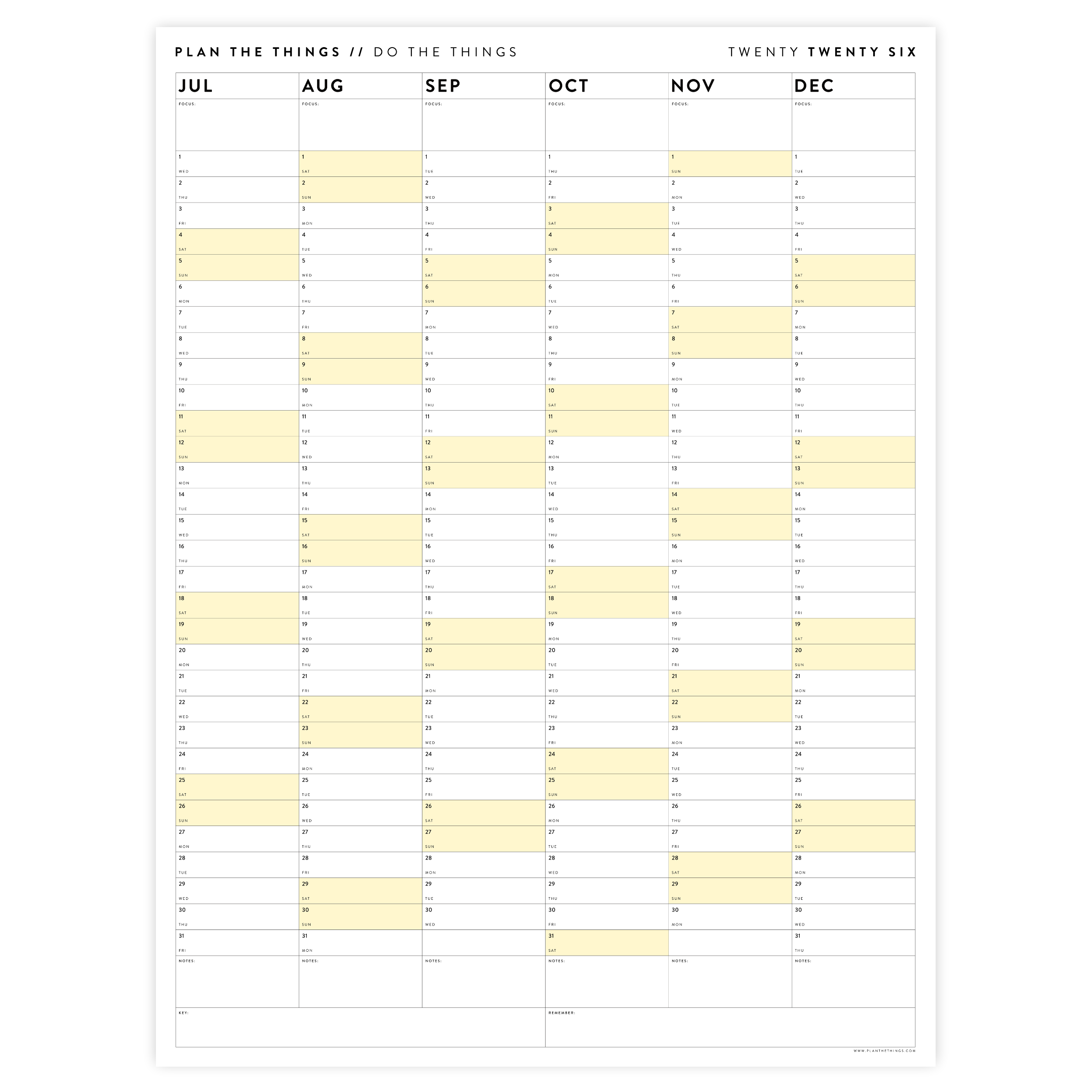 PRINTABLE SIX MONTH 2026 WALL CALENDAR (JULY TO DECEMBER) WITH YELLOW ...