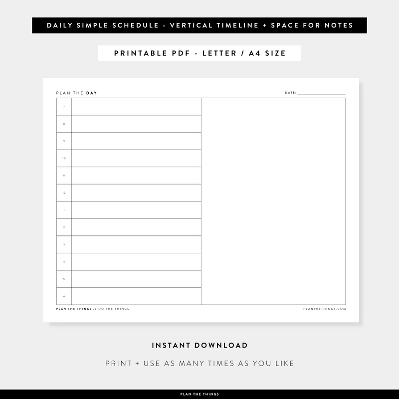 Daily Simple Schedule with Vertical Timeline - Undated Printable Plann ...