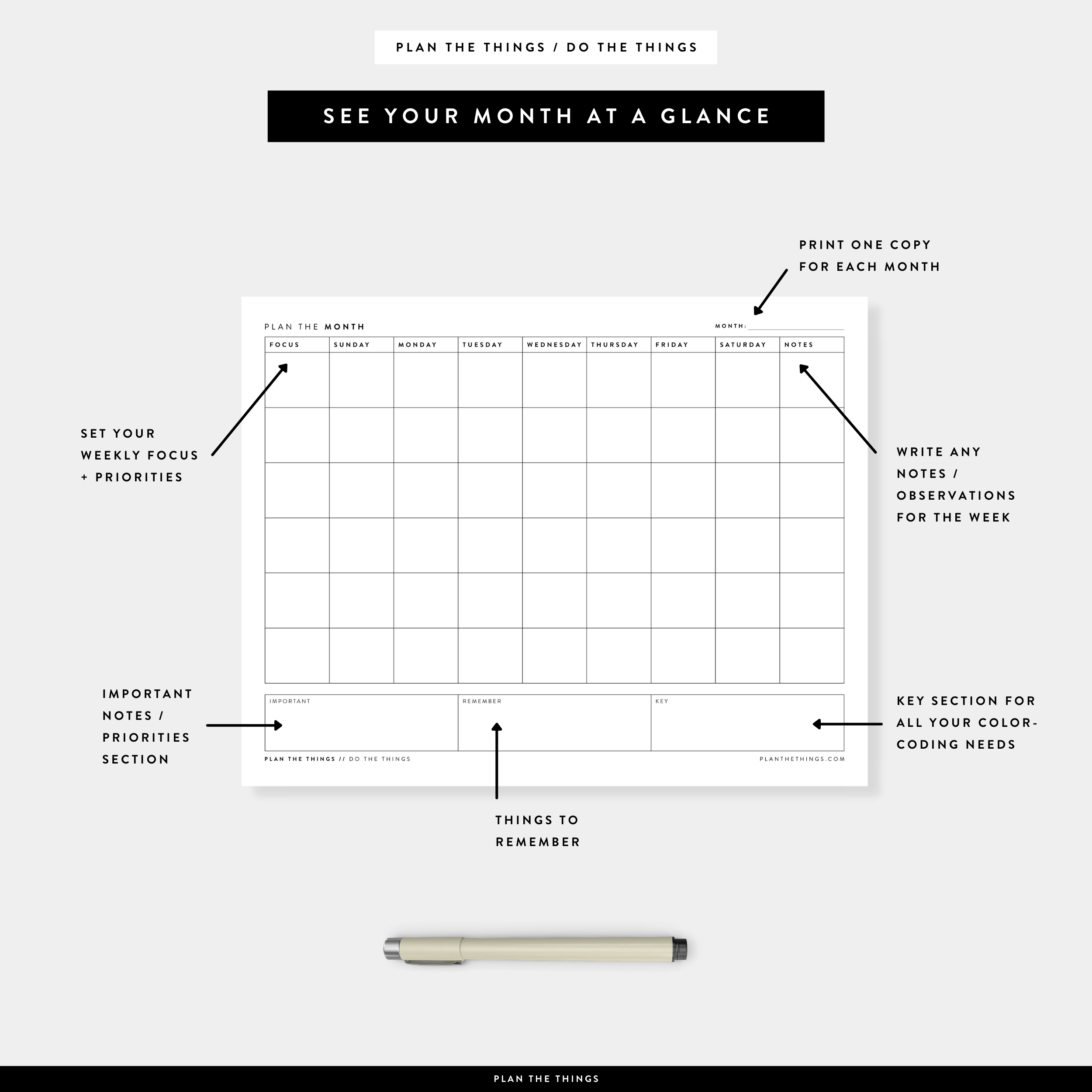 Monthly Focus + Notes - Undated Printable Planner Inserts (A4 + US Let ...