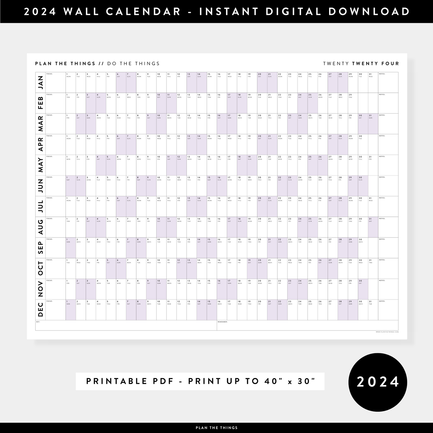 PRINTABLE HORIZONTAL 2024 ANNUAL CALENDARS // INSTANT DOWNLOAD - Plan ...