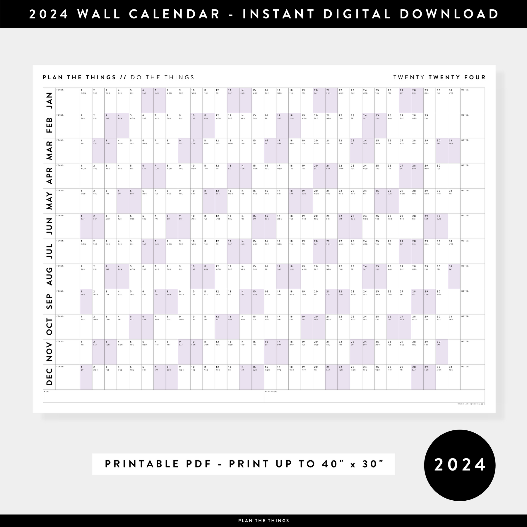 PRINTABLE HORIZONTAL 2024 ANNUAL CALENDARS // INSTANT DOWNLOAD - Plan ...